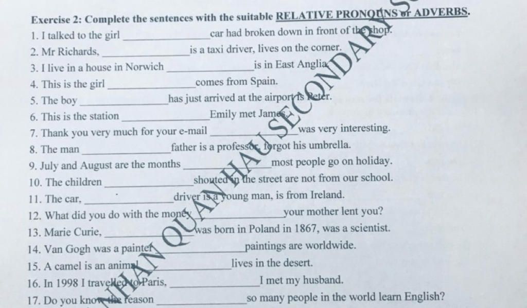 Exercise 2: Complete the sentences with the suitable RELATIVE PRONOUNS ...
