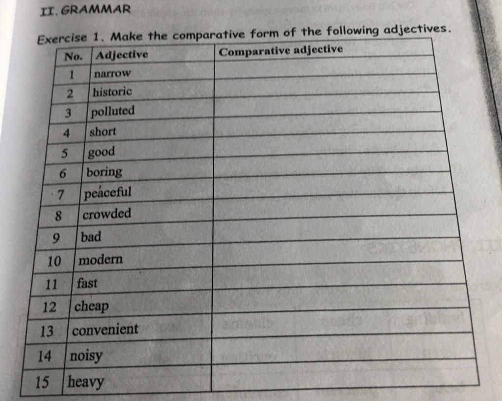 II. GRAMMAR Exercise 1. Make the comparative form of the following ...
