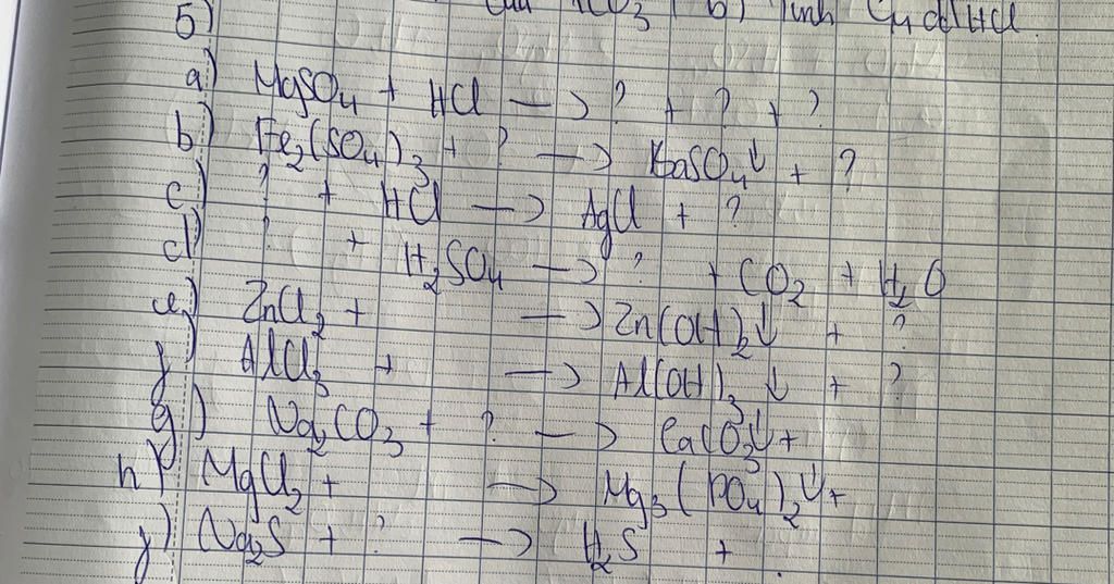 h 5) a) Mysou - HCl - b Fe₂(SO₂) c) Anll₂ + Ala Mally Nays No CO₂ + DIT ...