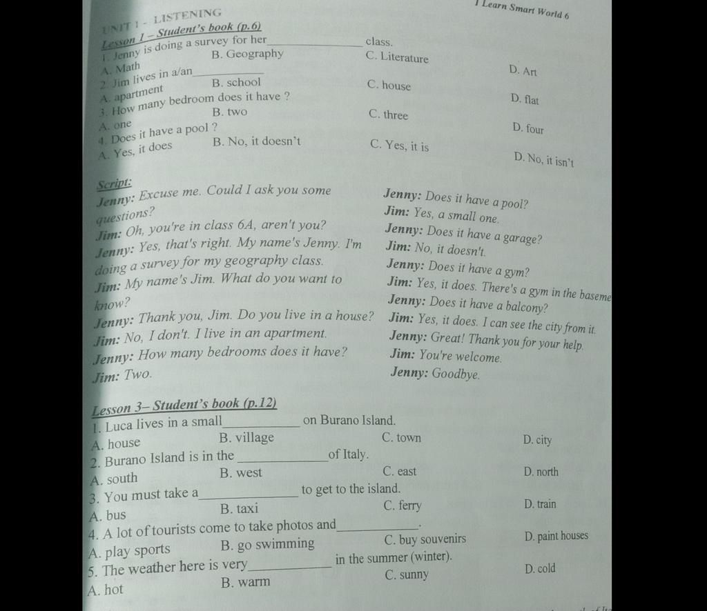 UNIT - LISTENING Lesson 1-Student's book (p.6) 1. Jenny is doing a ...