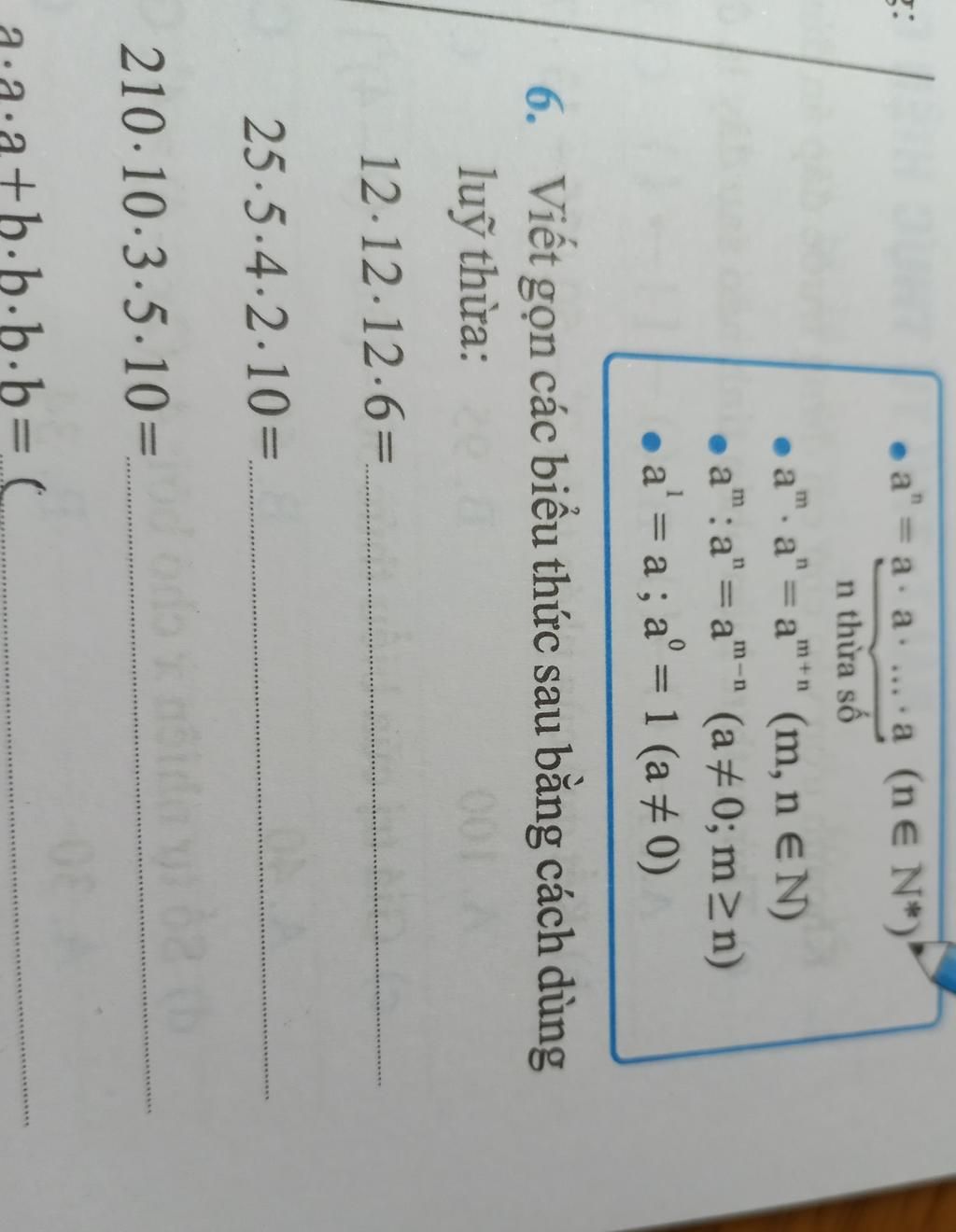 =a. a.....a (n € N*) n thừa số m b·b·b= m+n aa"=a" n a:a"=a" m-n (m, n ...