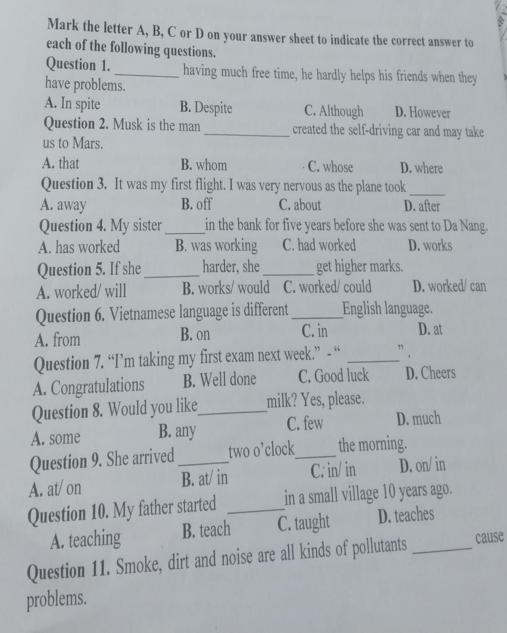 Mark the letter A, B, C or D on your answer sheet to indicate the ...