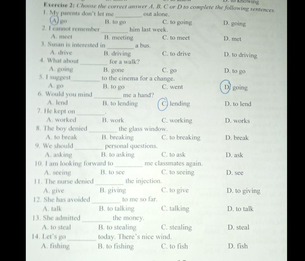 owing Exercise 2: Choose the correct answer A, B, C or D to complete ...