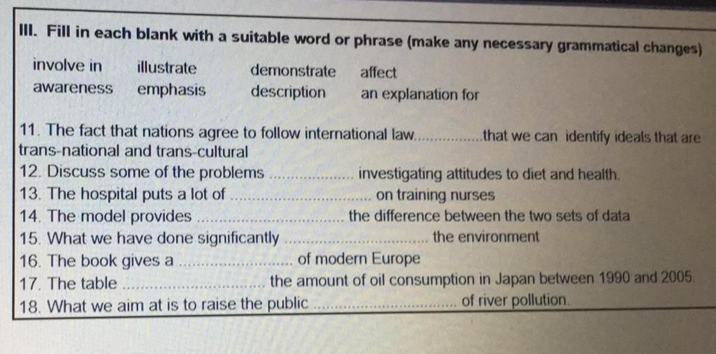 III. Fill in each blank with a suitable word or phrase (make any necessary grammatical changes ...