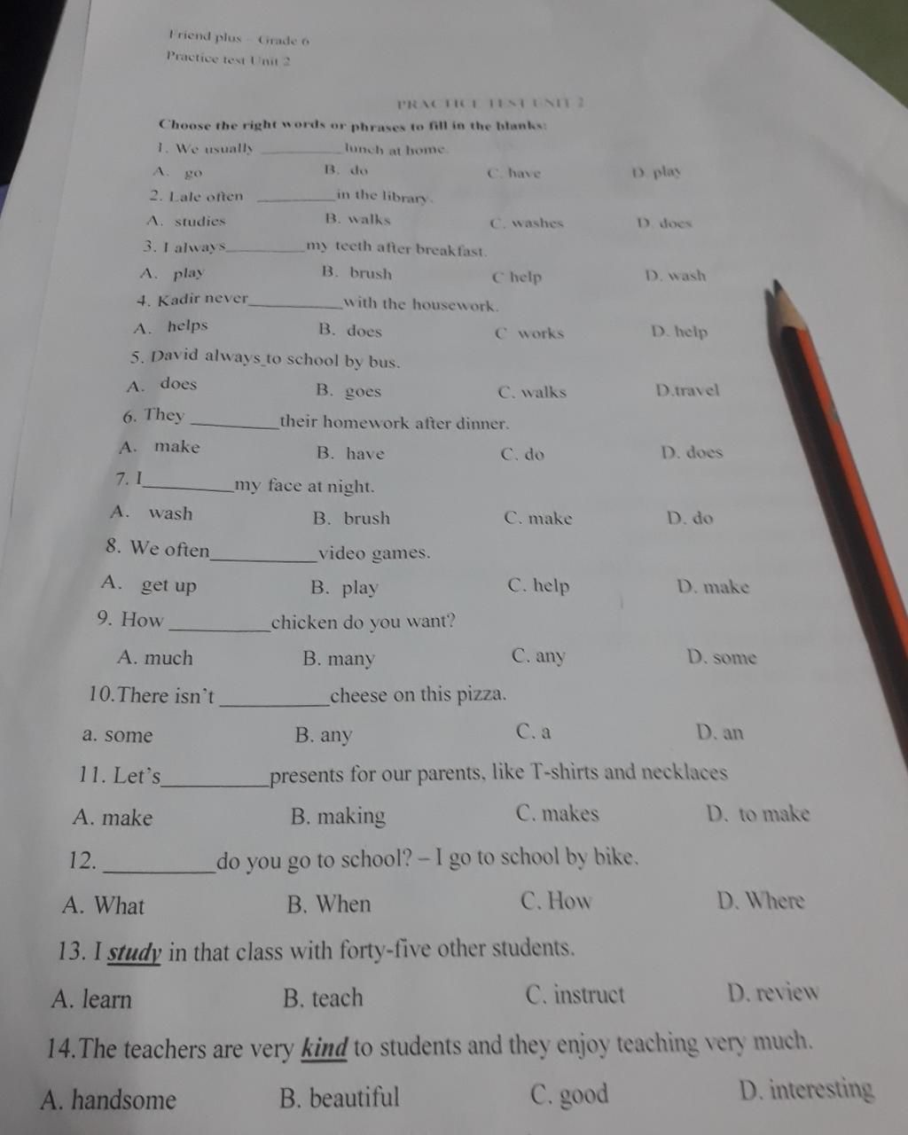 Friend plus - Grade 6 Practice test Unit 2 Choose the right words or ...
