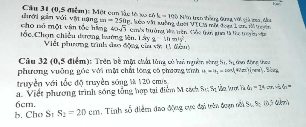 Câu 31 (0,5 điểm): Một con lắc lò xo có k = 100 N/m treo thẳng đứng với giá treo, đầu dưới gắn ...