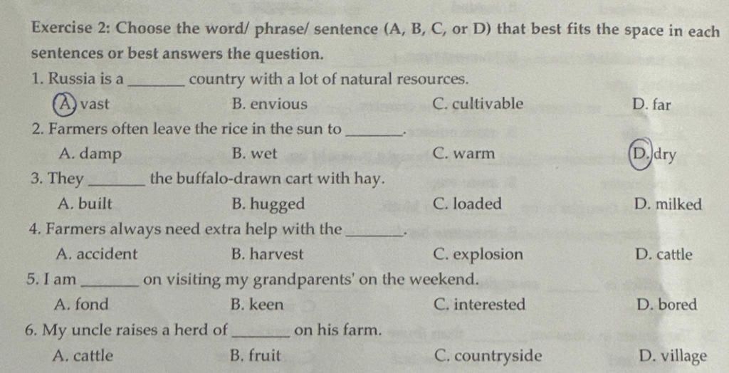 Exercise 2: Choose the word/ phrase/ sentence (A, B, C, or D) that best fits the space in each ...