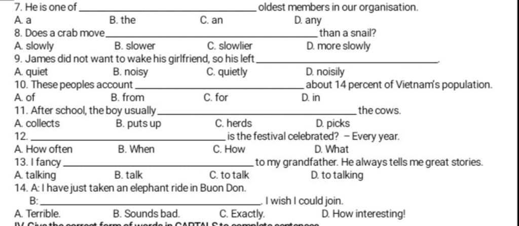 7. He is one of. A. a 8. Does a crab move_ B. the C. an A. slowly B ...
