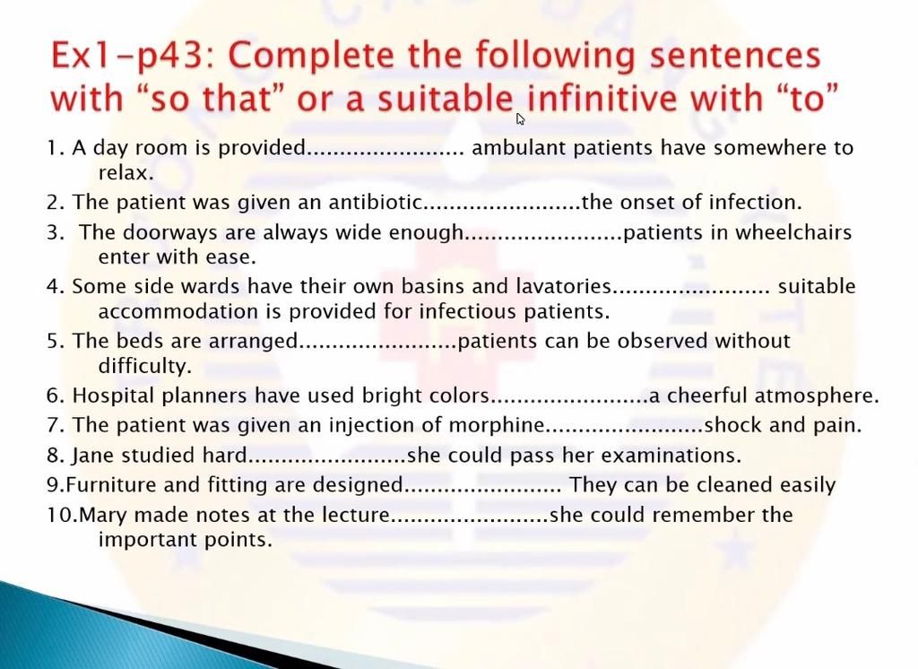 Ex1-p43: Complete the following sentences with "so that" or a suitable ...