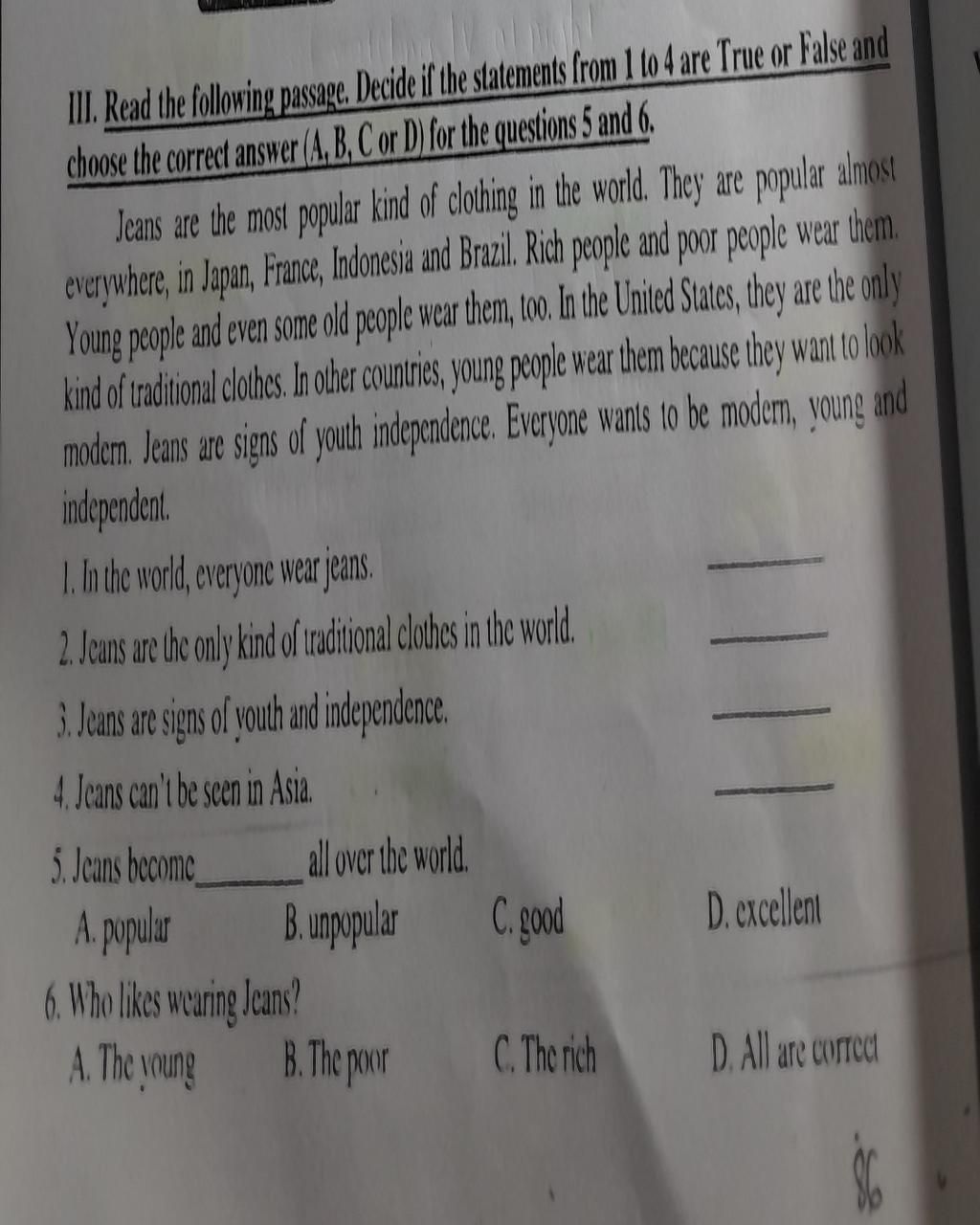 III. Read the following passage. Decide if the statements from 1 to 4 ...