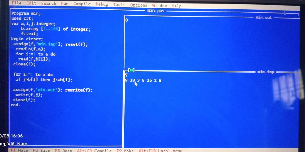 File Edit Search. Run Compile Debug Program min; uses crt; var a,i,j:integer; b:array [1..100 ...