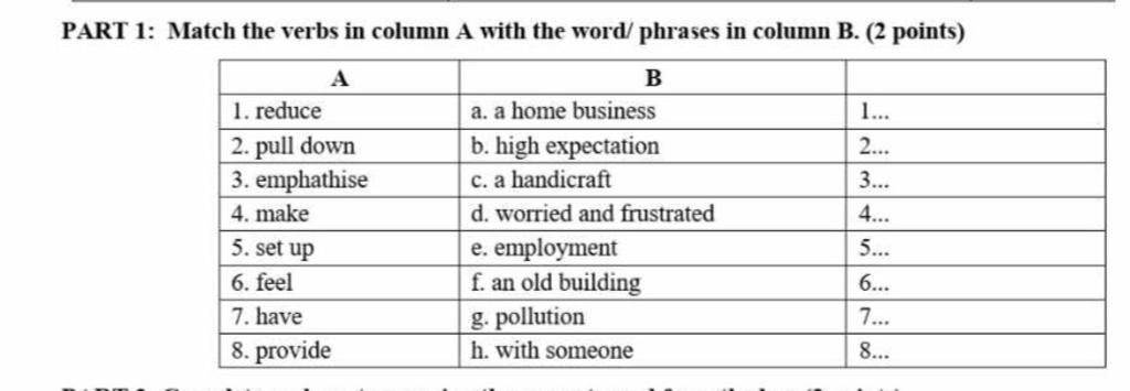 PART 1: Match the verbs in column A with the word/ phrases in column B ...