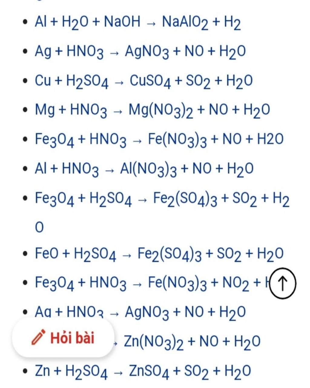 Al + H₂O + NaOH NaAlO2 + H2 Ag + HNO3 → AgNO3 + NO + H₂O • Cu + H₂SO4 → CuSO4 + SO2 + H₂O • Mg ...