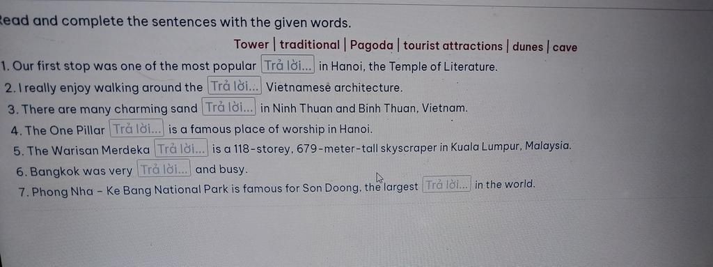Read and complete the sentences with the given words. Tower ...