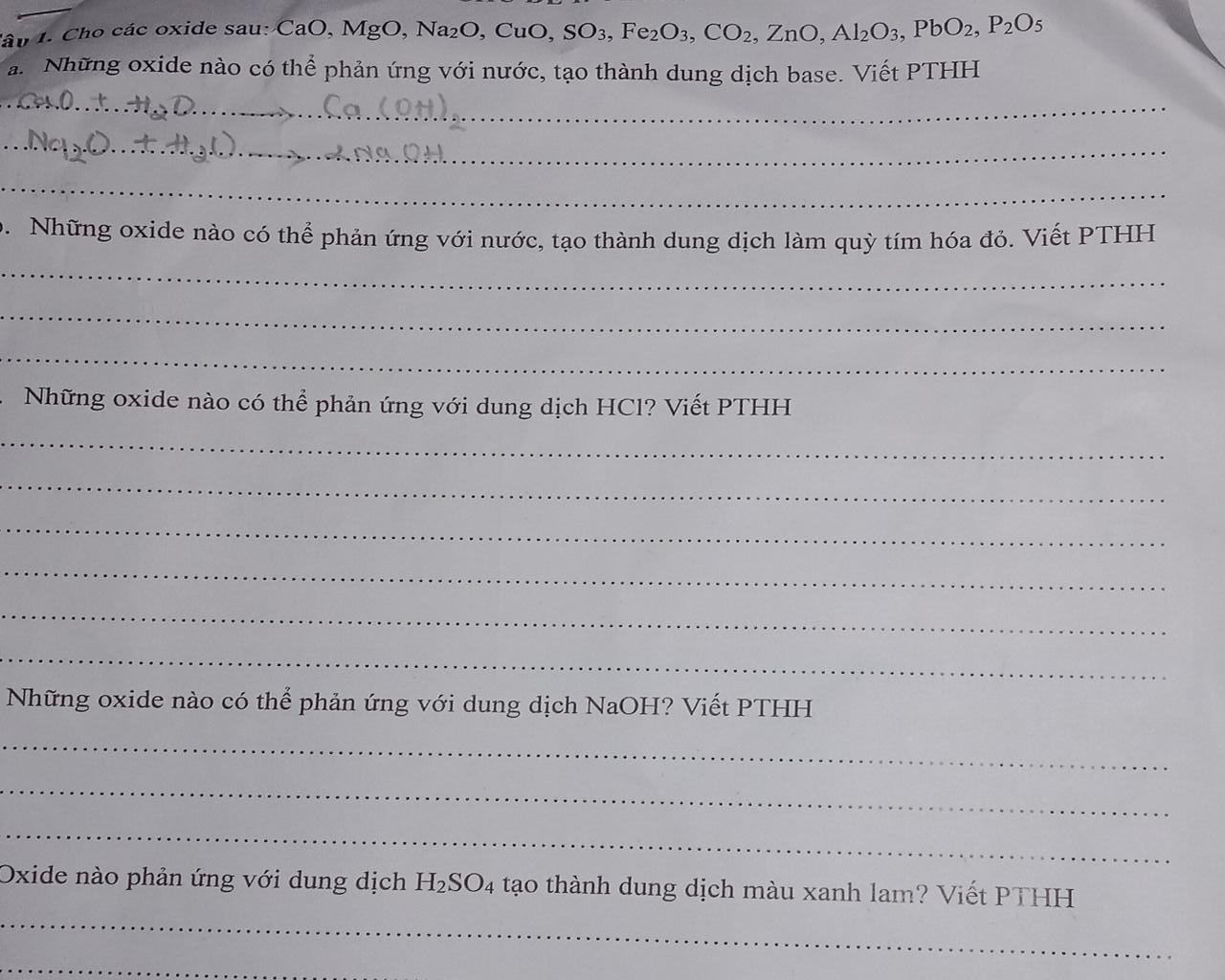 Tây 1. Cho các oxide sau: CaO, MgO, NazO, CuO, SO3, Fe2O3, CO2, ZnO, AlO3, PbOz, P2O5 a. Những ...