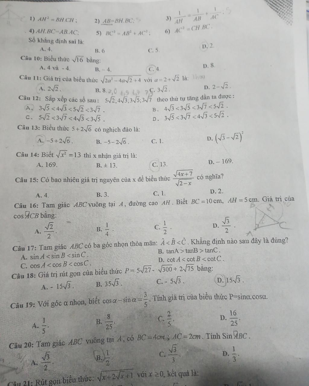 1) AH = BH.CH; 4) AH.BC-AB.AC: Số khẳng định sai là A. 4. 2) AB-BH.BC ...