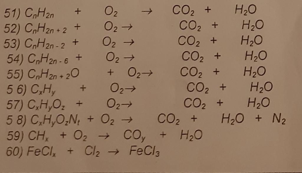 51) CnH2n 52) CnH2n+2 + 53) CnHzn-2 + 54) CnH2n-6 + 0₂ 02 → 0₂ → 02 → ↑ ...
