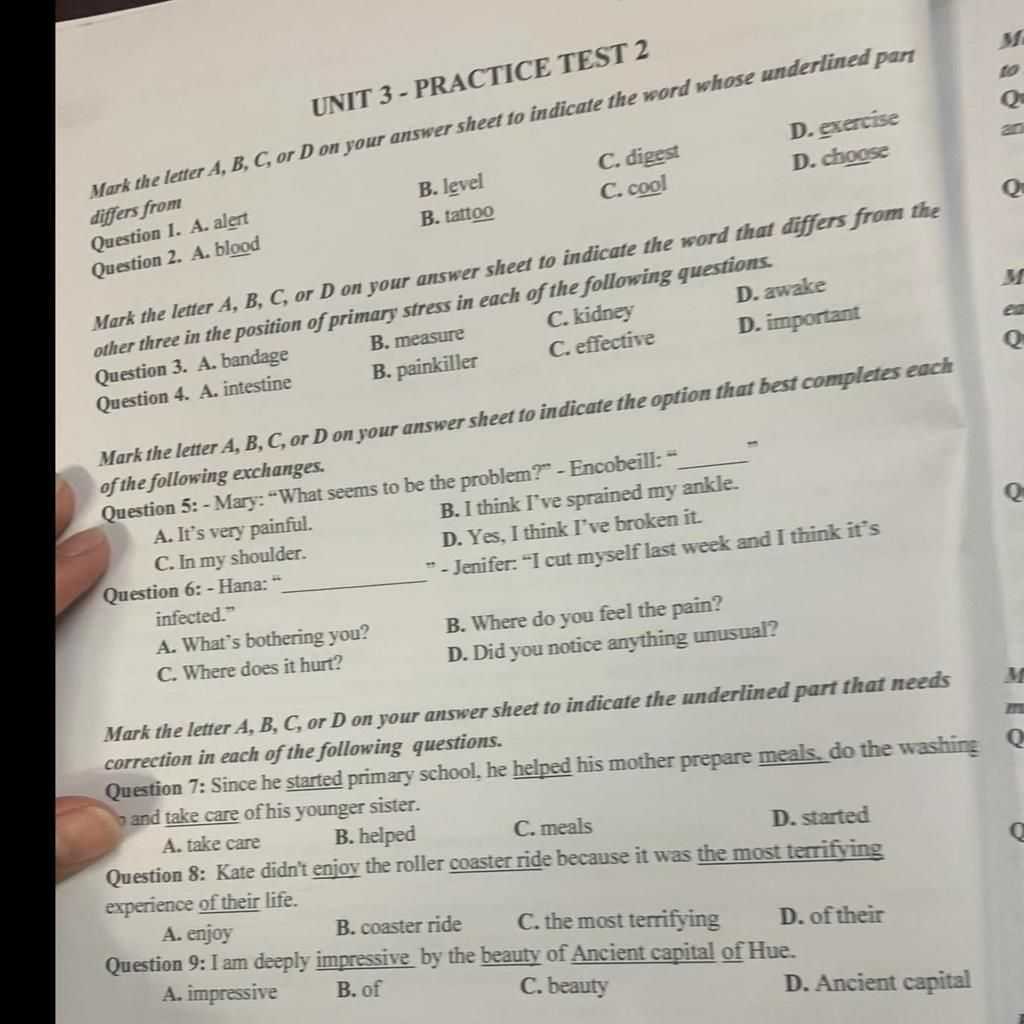 UNIT 3-PRACTICE TEST 2 Mark the letter A, B, C, or D on your answer ...