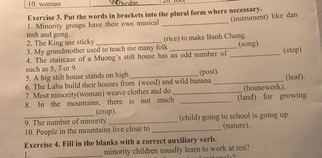 10. woman Women Exercise 3. Put the words in brackets into the plural ...
