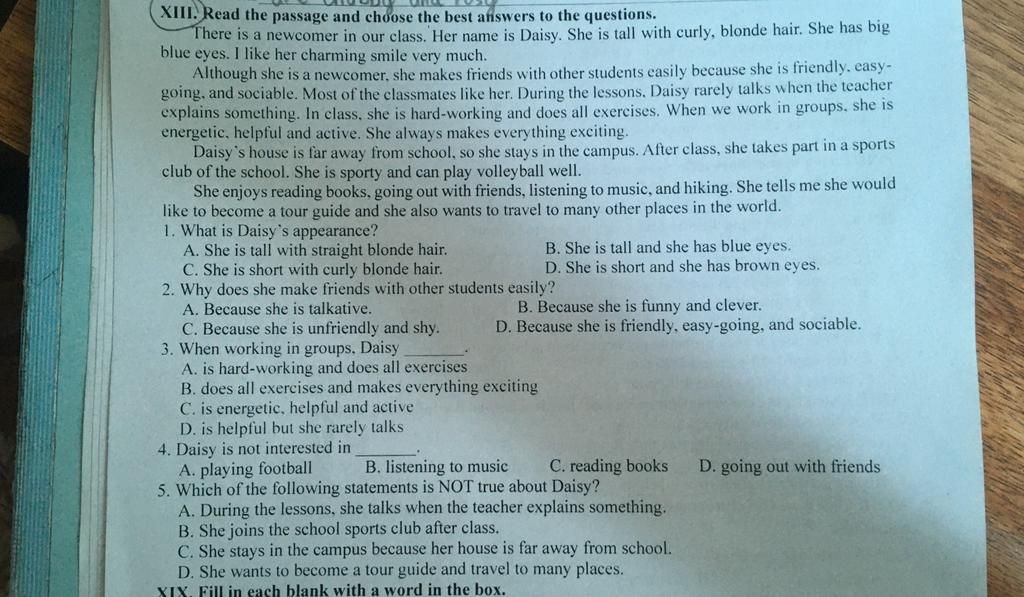 XIII. Read the passage and choose the best answers to the questions ...