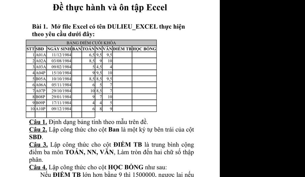 Đề thực hành và ôn tập Eccel Bài 1. Mở file Excel có tên DULIEU_EXCEL thực hiện theo yêu cầu ...
