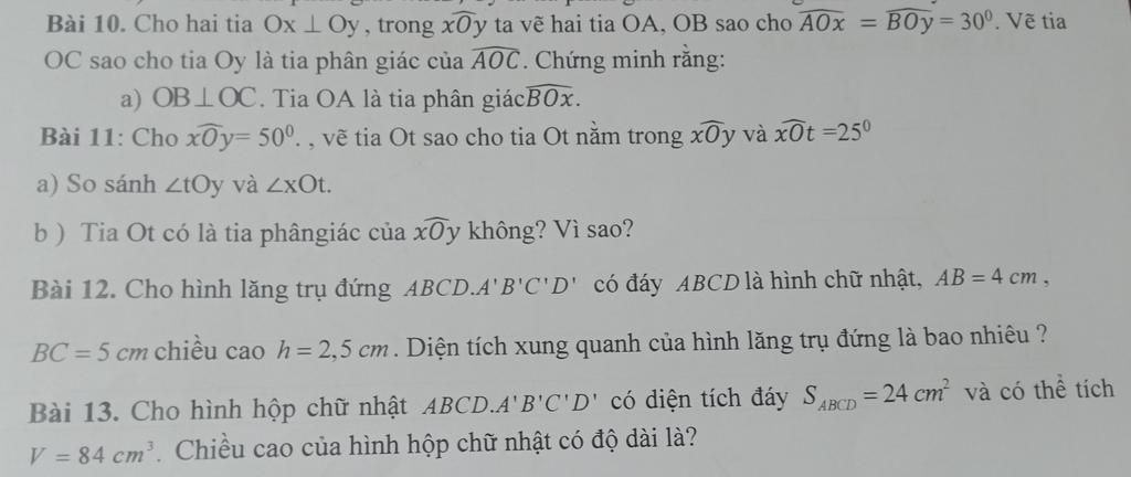 Bài 10. Cho hai tia Ox L Oy, trong xây ta vẽ hai tia OA, OB sao cho AOx = BOy=30°. Vē tia OC sao ...