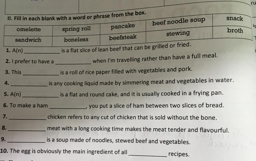 II. Fill in each blank with a word or phrase from the box. omelette spring roll beef noodle soup ...