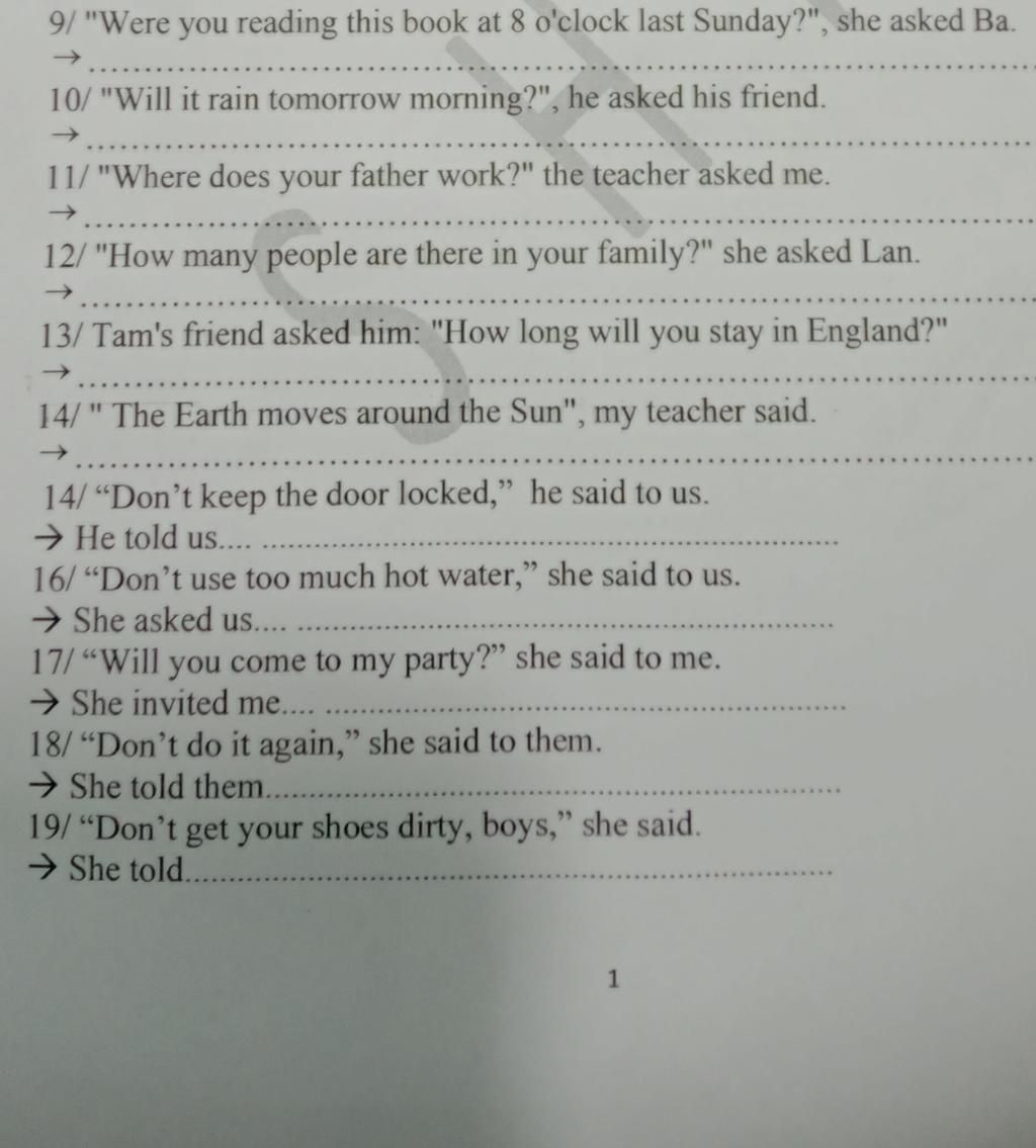 9/ "Were you reading this book at 8 o'clock last Sunday?", she asked Ba ...