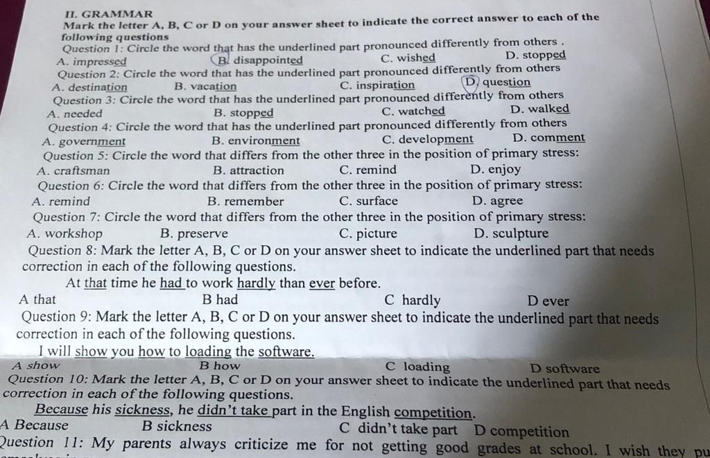 II. GRAMMAR Mark the letter A, B, C or D on your answer sheet to ...