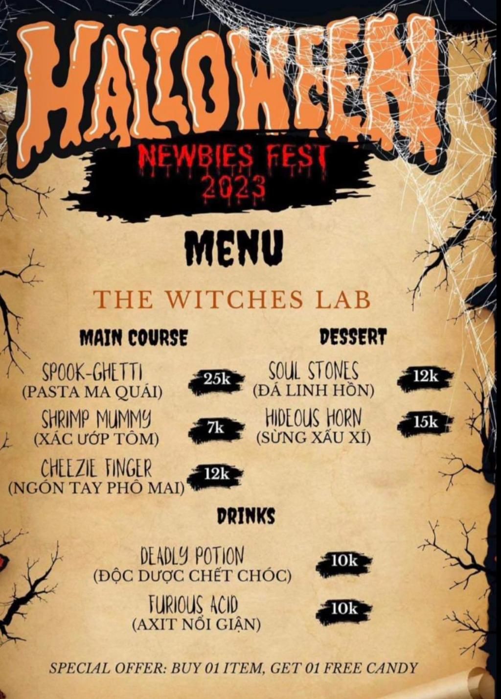 BARONE NEWBIES FEST 2023 MENU THE WITCHES LAB DESSERT MAIN COURSE SPOOK ...
