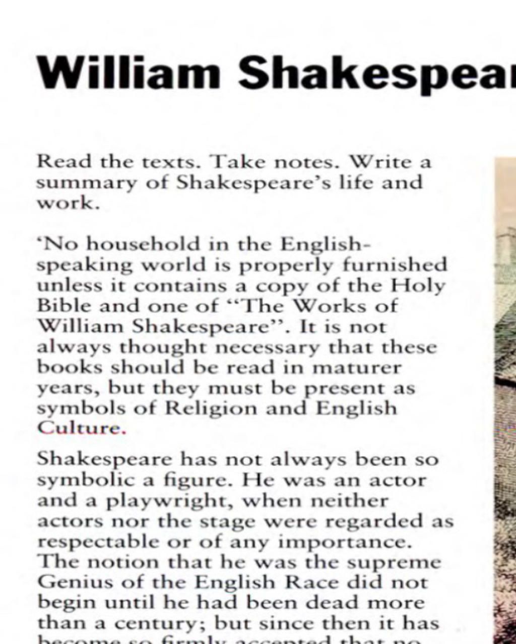 William Shakespear Read the texts. Take notes. Write a summary of ...