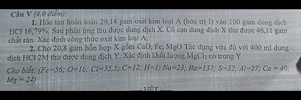 Câu V (4,0 điểm): I. Hòa tan hoàn toàn 29,14 gam oxit kim loại A (hóa trị 1) vào 100 gam dung ...