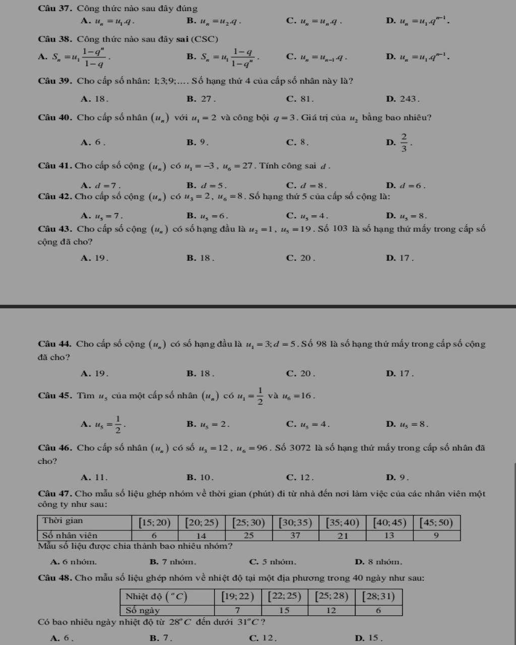 Câu 37. Công thức nào sau đây đúng A. u = ₁9. B. u = U₂.9. A. 6. Câu 38 ...