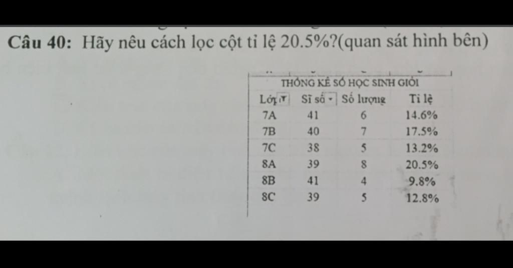 Câu 40: Hãy nêu cách lọc cột tỉ lệ 20.5%?(quan sát hình bên) THỐNG KẺ ...