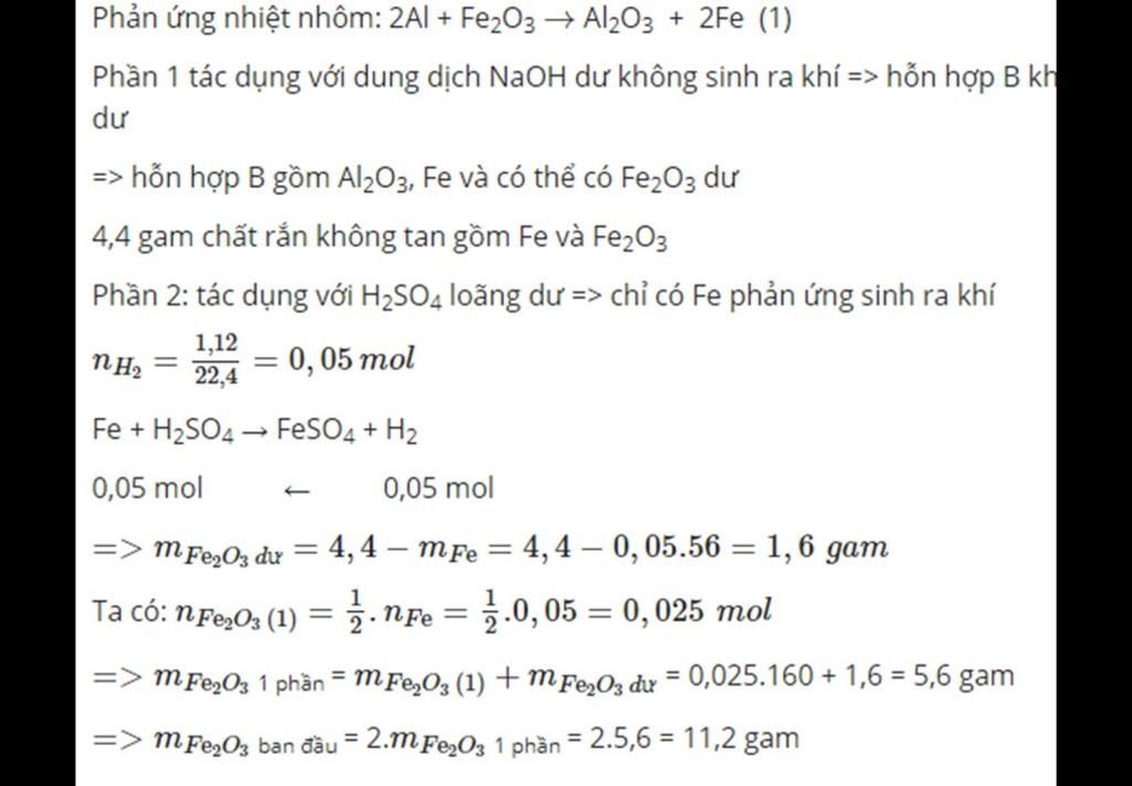 Phản ứng nhiệt nhôm: 2Al + Fe2O3 → Al2O3 + 2Fe (1) Phần 1 tác dụng với ...