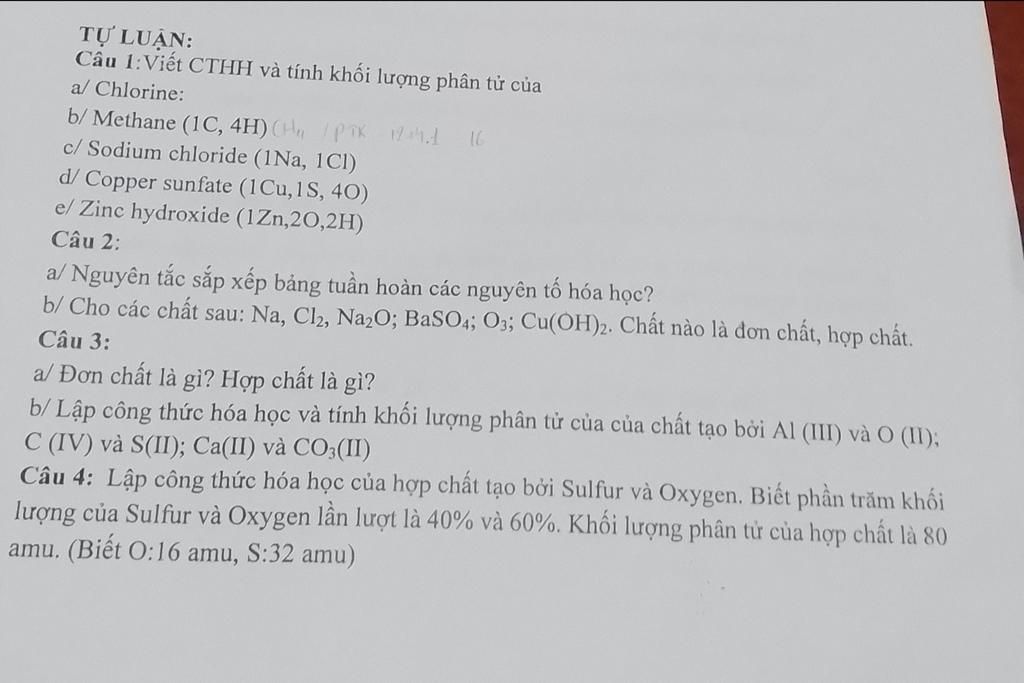 TỰ LUẬN: Câu 1:Viết CTHH và tính khối lượng phân tử của a/ Chlorine: b ...
