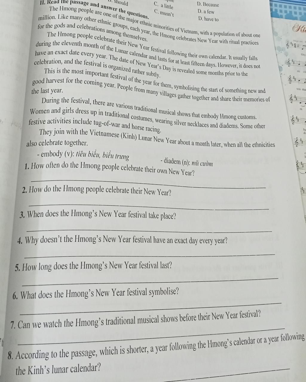 hould II. Read the passage and answer the questions. The Hmong people ...