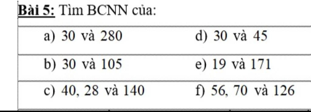 Bài 5: Tìm BCNN của: a) 30 và 280 b) 30 và 105 c) 40, 28 và 140 d) 30 ...