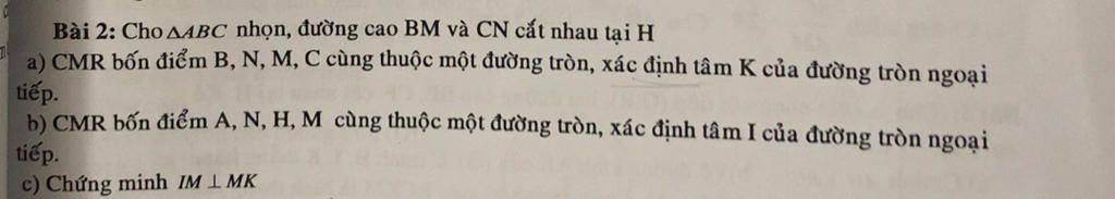 Bài 2: Cho A4BC nhọn, đường cao BM và CN cắt nhau tại H a) CMR bốn điểm B, N, M, C cùng thuộc ...