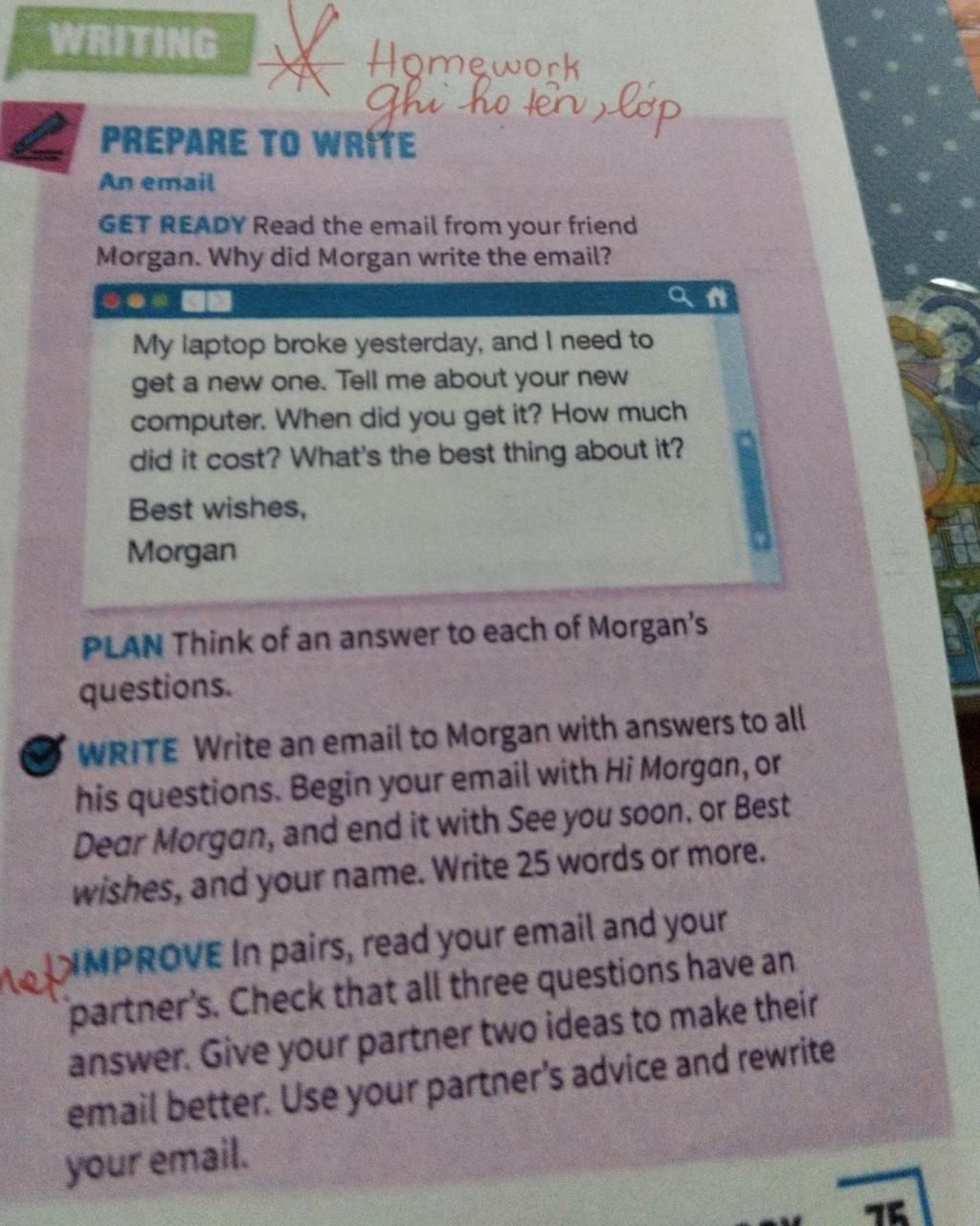 WRITING * Homework ghi ho ten lop PREPARE TO WRITE An email GET READY ...