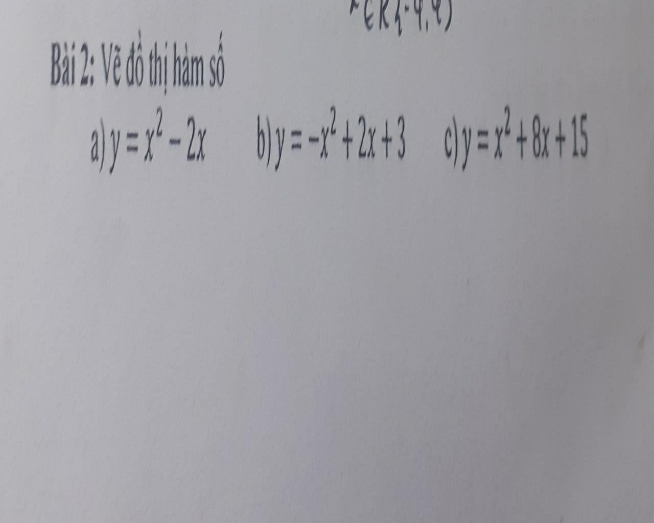 FER4-4,4) Bài 2, và đô thị hàm số a)y=x²-2x_by=-x²+2x+3 c)y=x² + 8x + 15