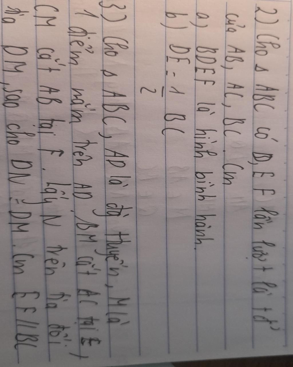 2) Cho 1 ABC có D E F lần lượt là tổ D, của AB, AC, BC. C a) ODEF là ...