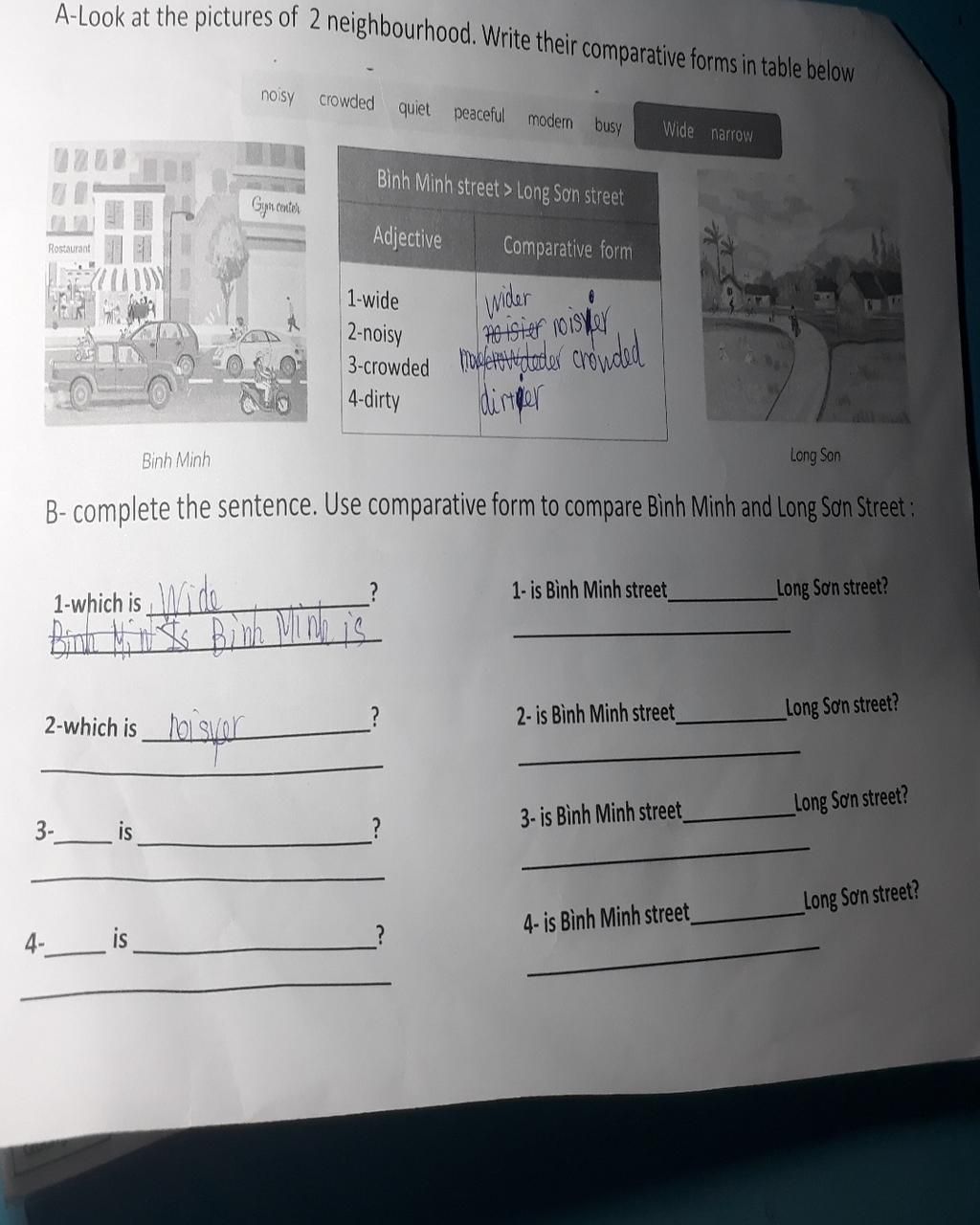 A-Look at the pictures of 2 neighbourhood. Write their comparative ...