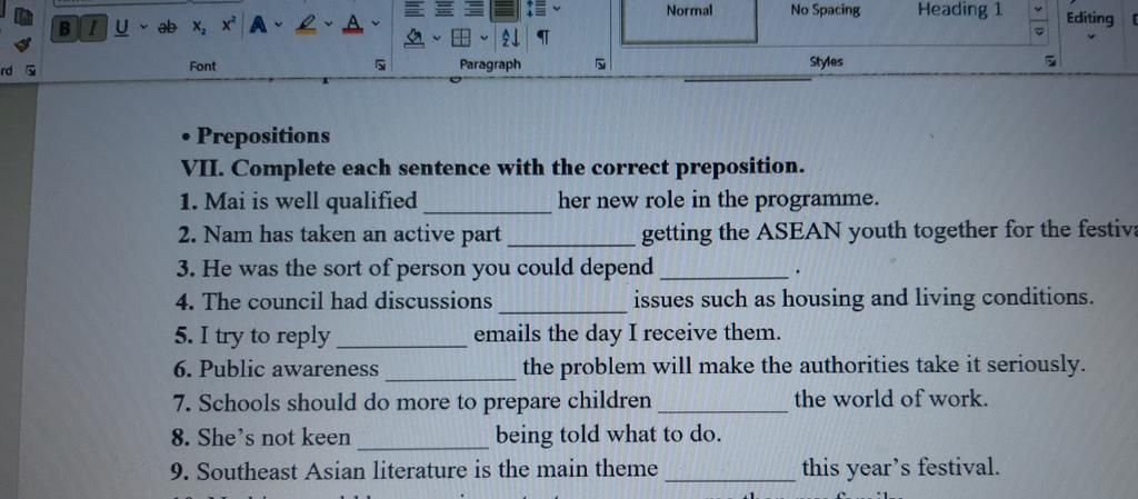 rd S Uab x, x² ALA Font 1¶T Paragraph Normal • Prepositions VII ...