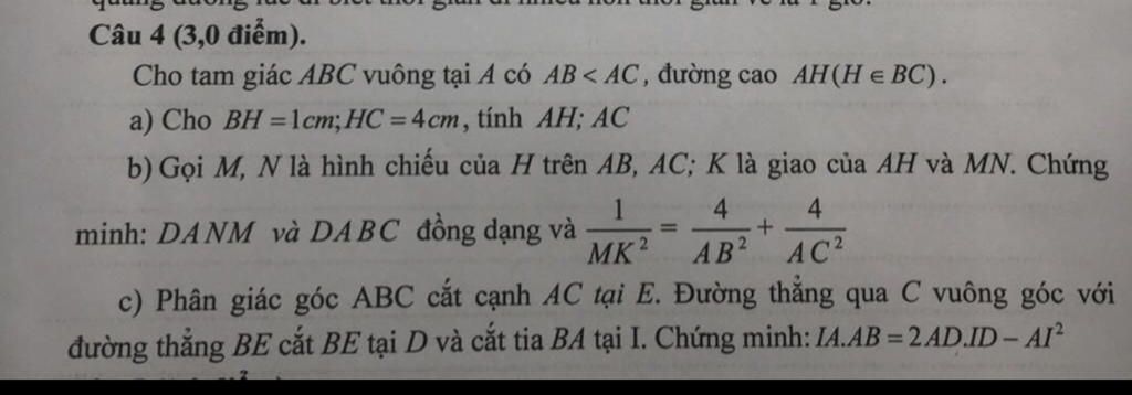 Câu 4 (3,0 điểm). Cho tam giác ABC vuông tại A có AB