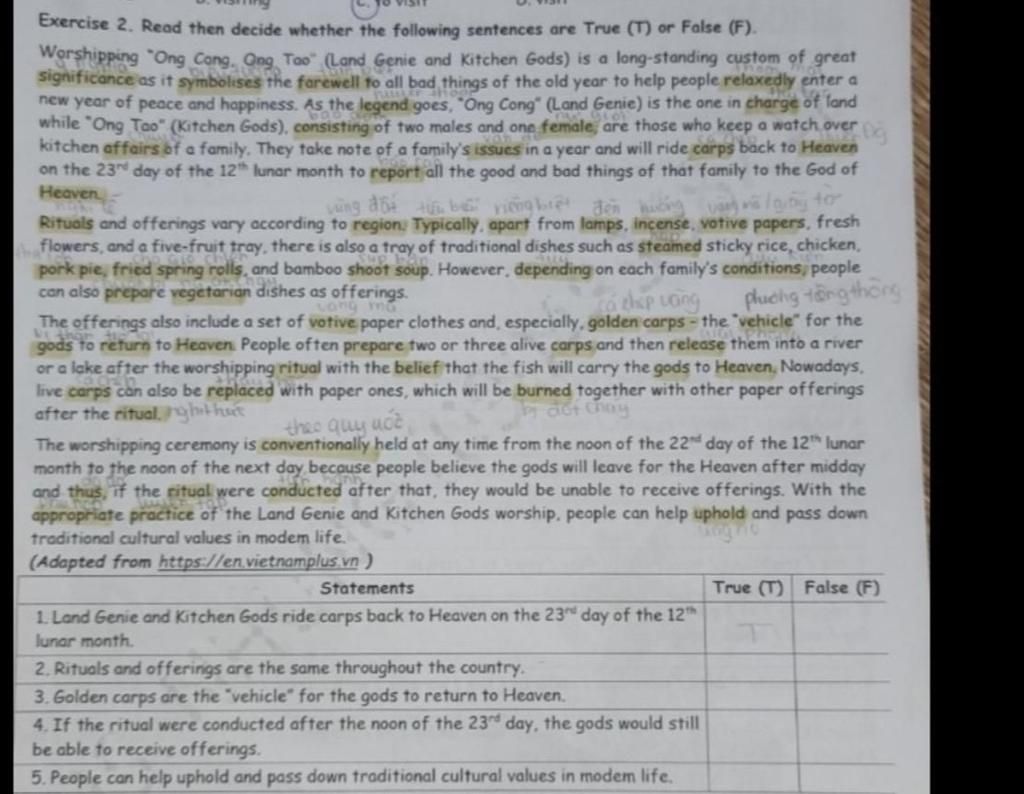 Exercise 2. Read then decide whether the following sentences are True (T) or False (F ...
