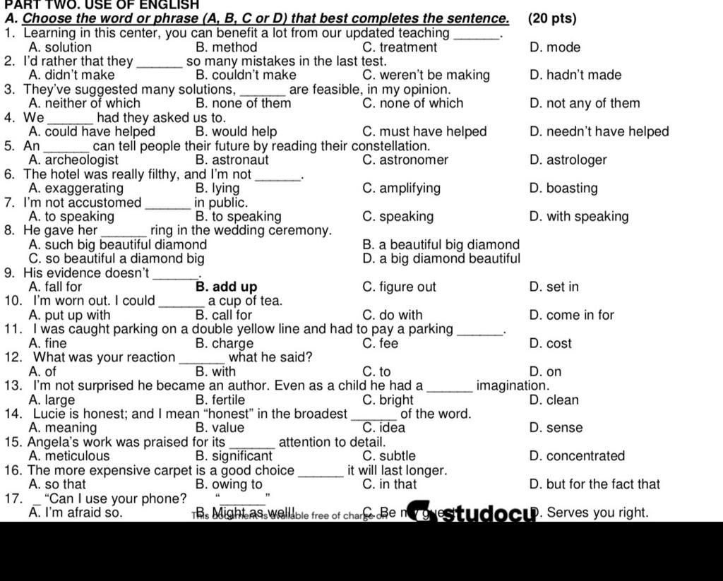 PART TWO. USE OF ENGLISH A. Choose the word or phrase (A, B, C or D ...