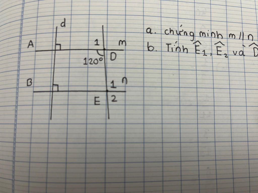 Cho hình vẽ sau: a.Chứng minh m//n b.Tính các góc E1,E2 và góc D A B d ...