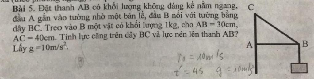 Bài 5. Đặt thanh AB có khối lượng không đáng kể nằm ngang, đầu A gắn vào tường nhờ một bản lề ...