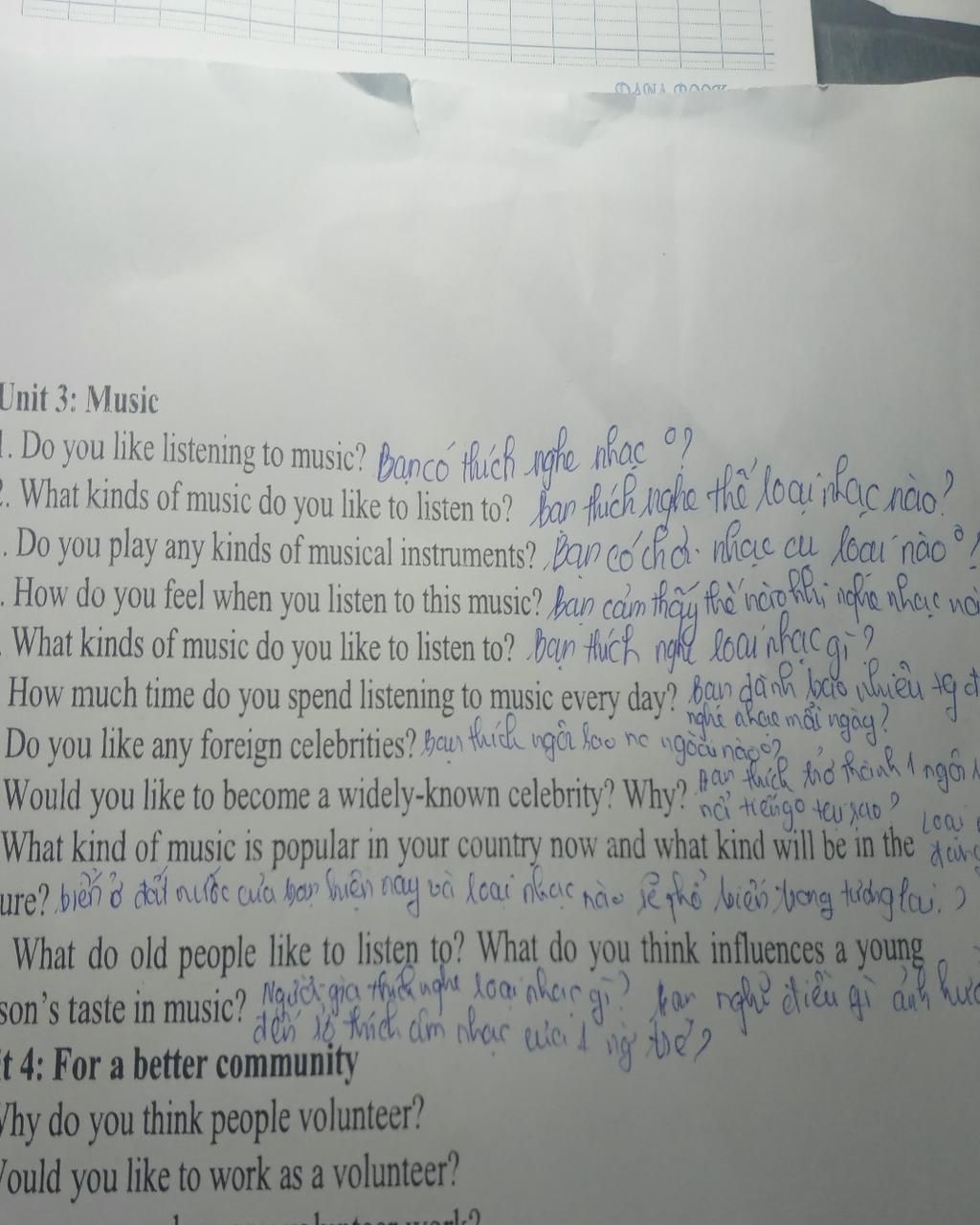 Giúp mk trả lời câu hỏi phần Unit3 music với ạ Unit 3: Music I. Do you ...